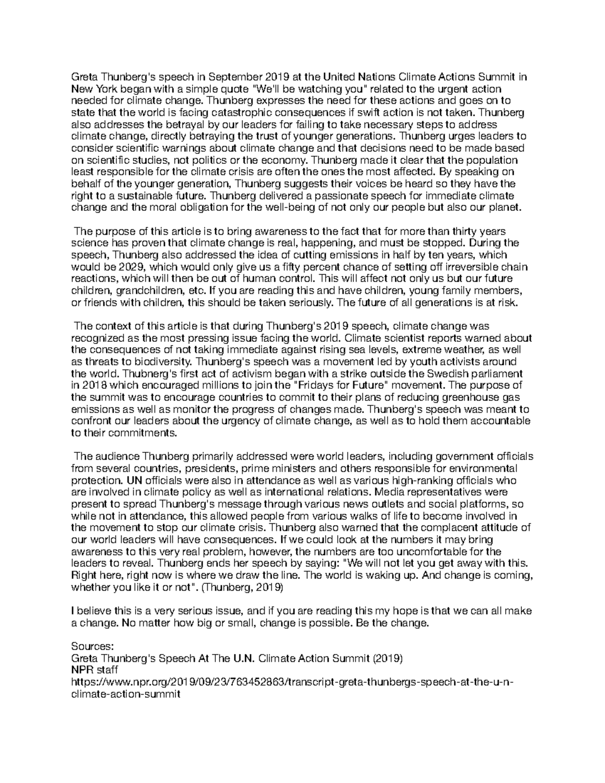 Greta Thunberg's 2019 UN Climate Action Summit Speech Analysis (RGM3 ...