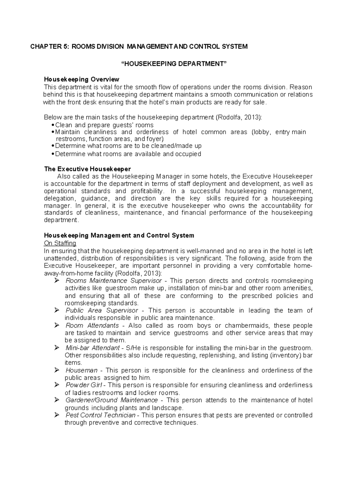 Chapter 5 - Managing Housekeeping Operations in Hotels - Studocu