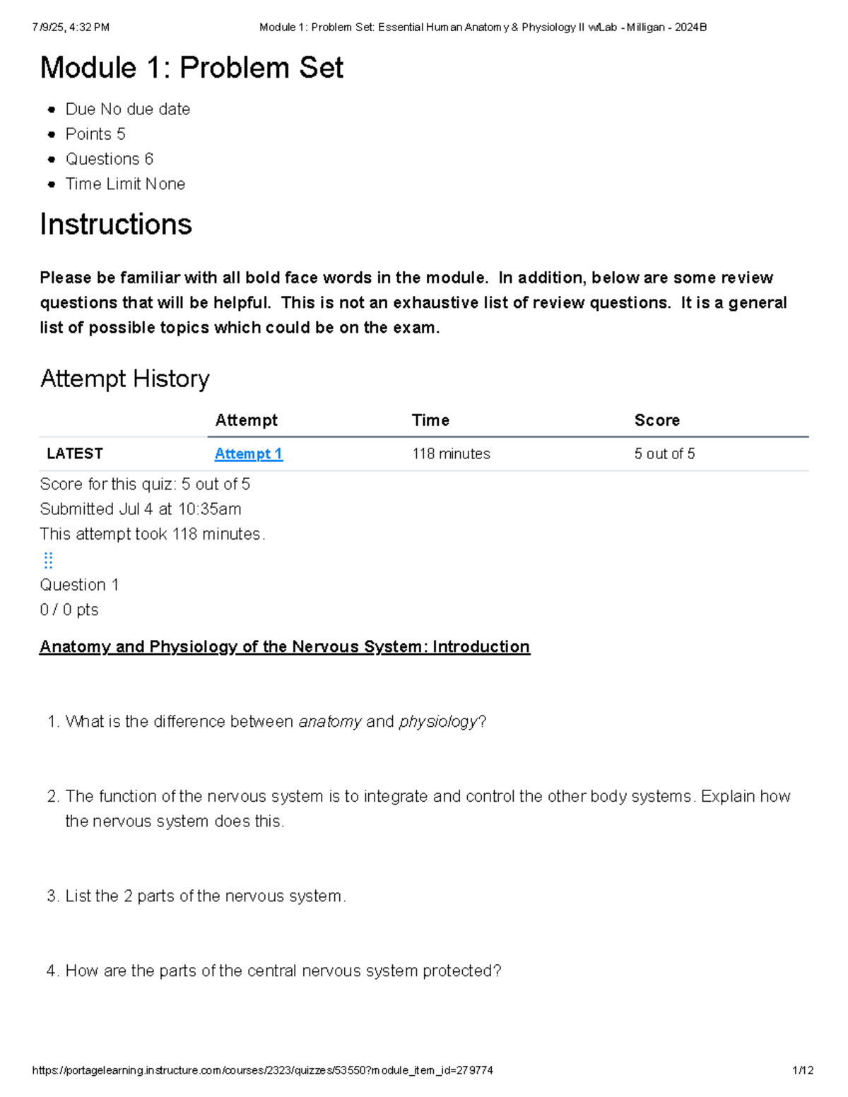 Module 1 Problem Set: Essential Human Anatomy & Physiology II w Lab ...