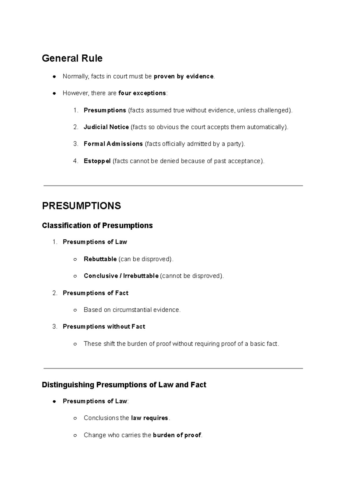 Summary Notes on Legal Evidence Principles: Presumptions, Judicial ...