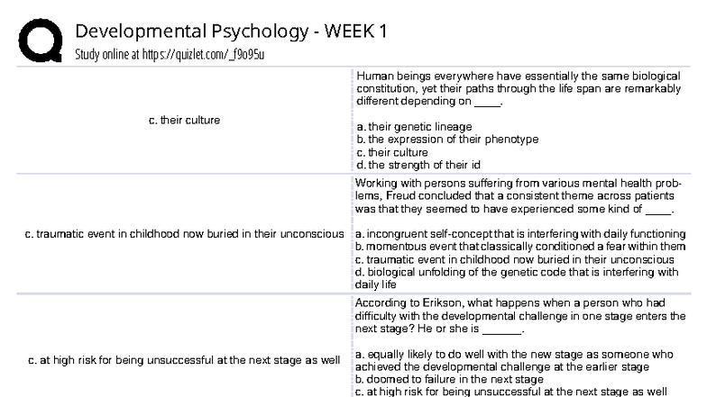 Developmental Psychology PSY101 Week 1 Quiz Answers - Studocu