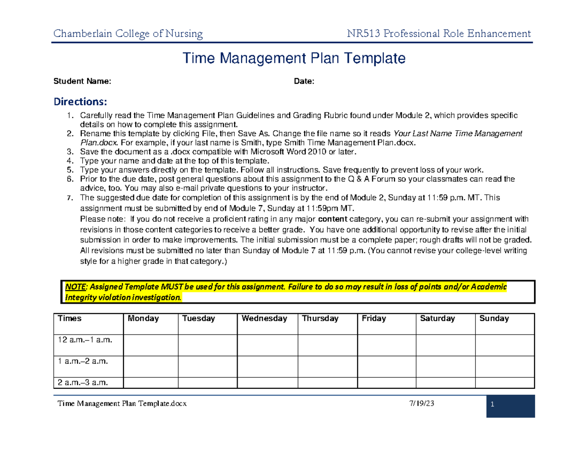 NR513 M2 Time Management Plan Template for Professional Role ...