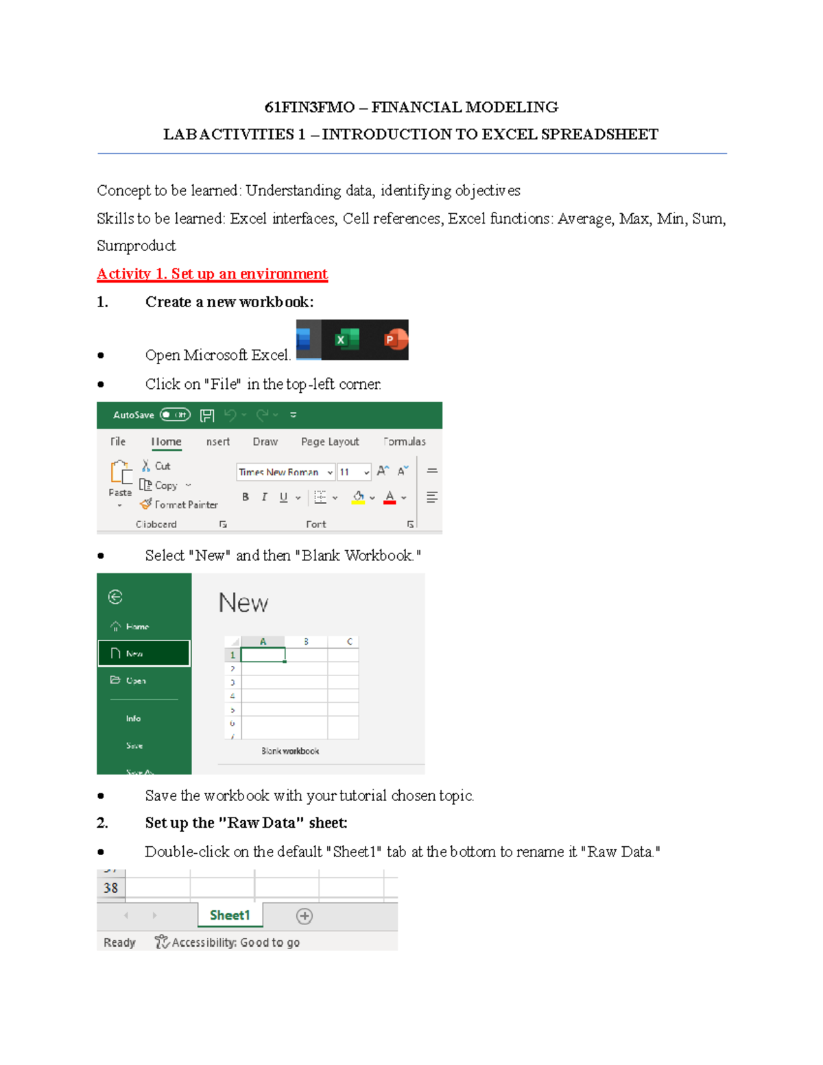 61FIN3FMO Lab 1: Intro to Excel Spreadsheet for Financial Modeling ...