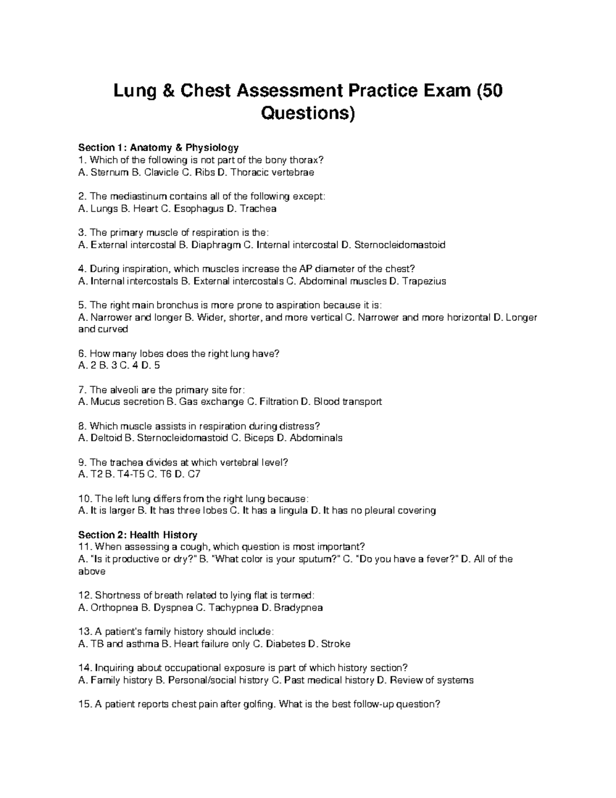 Lung Chest Assessment Practice Exam (50 Questions) - Studocu
