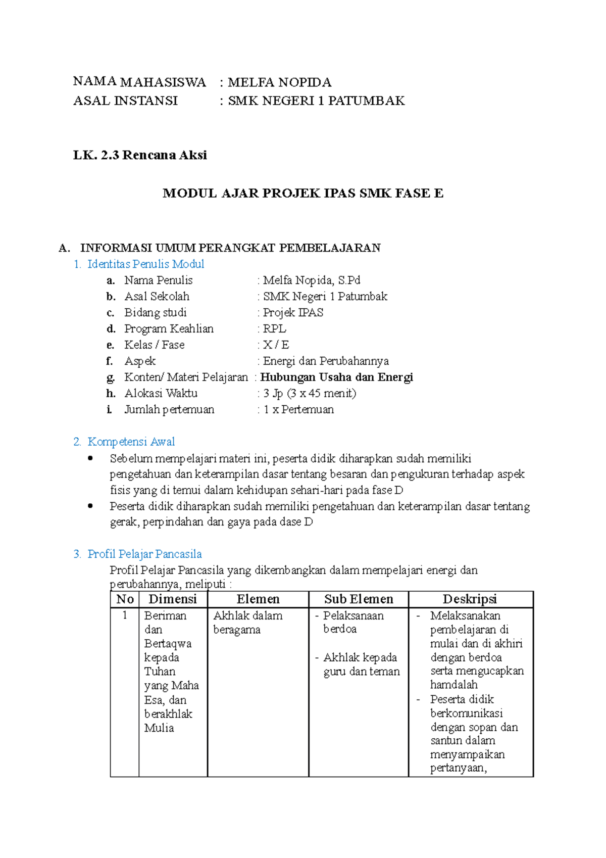LK 2.3 Modul Ajar Projek IPAS Kelas X SMK Fase E - Energi dan Usaha ...