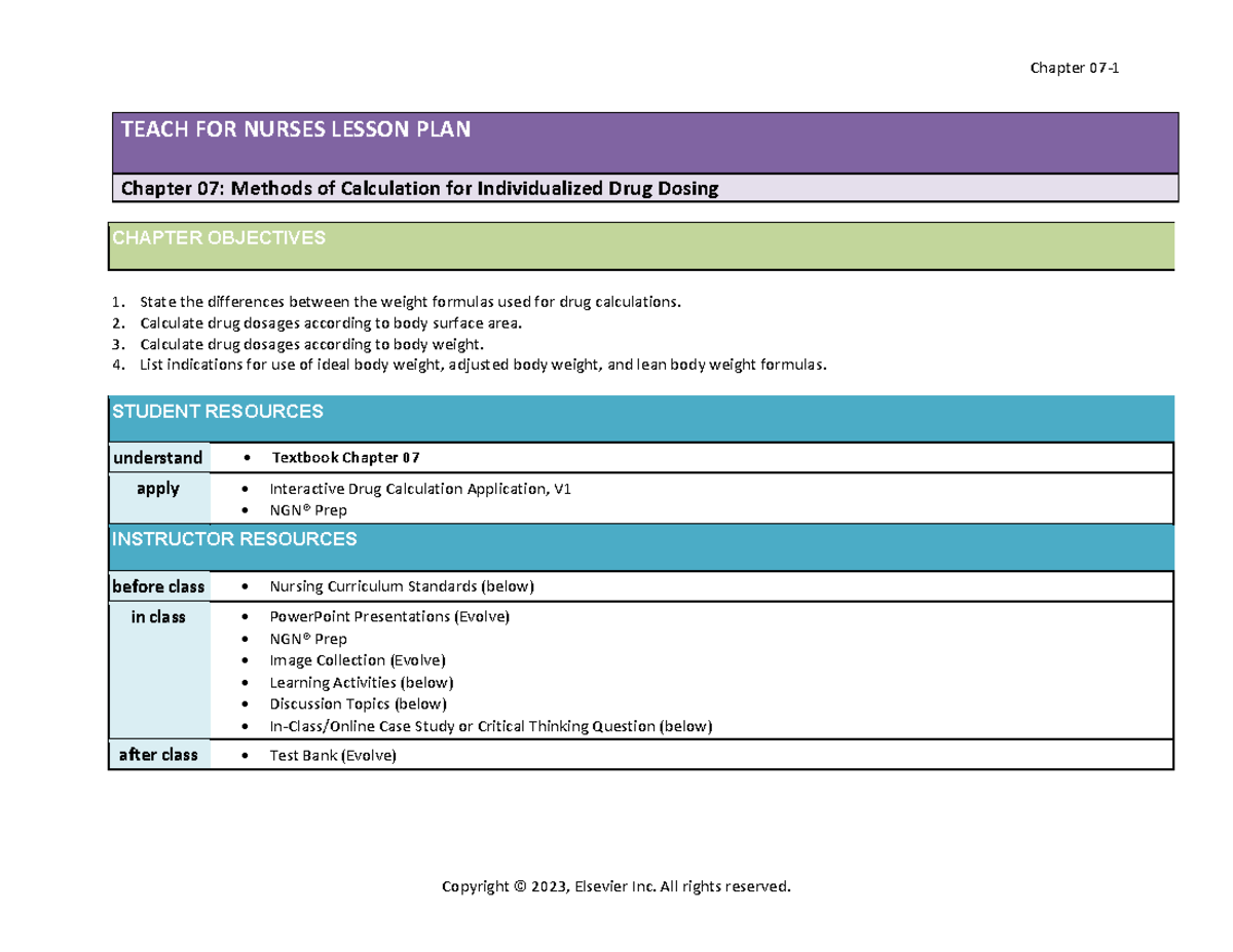 Chapter 07: Methods for Individualized Drug Dosing Calculations - Studocu