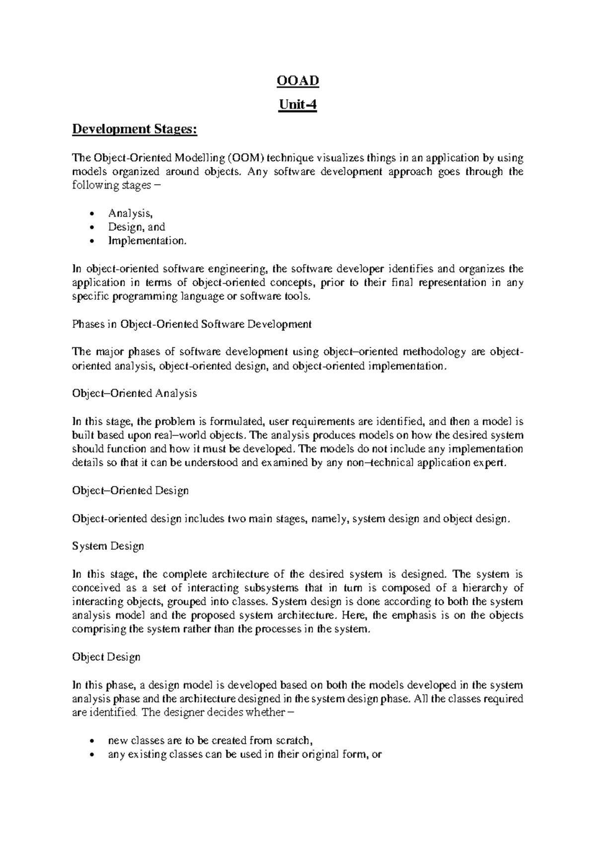 OOAD Unit 4: Development Stages and Analysis Techniques - Studocu