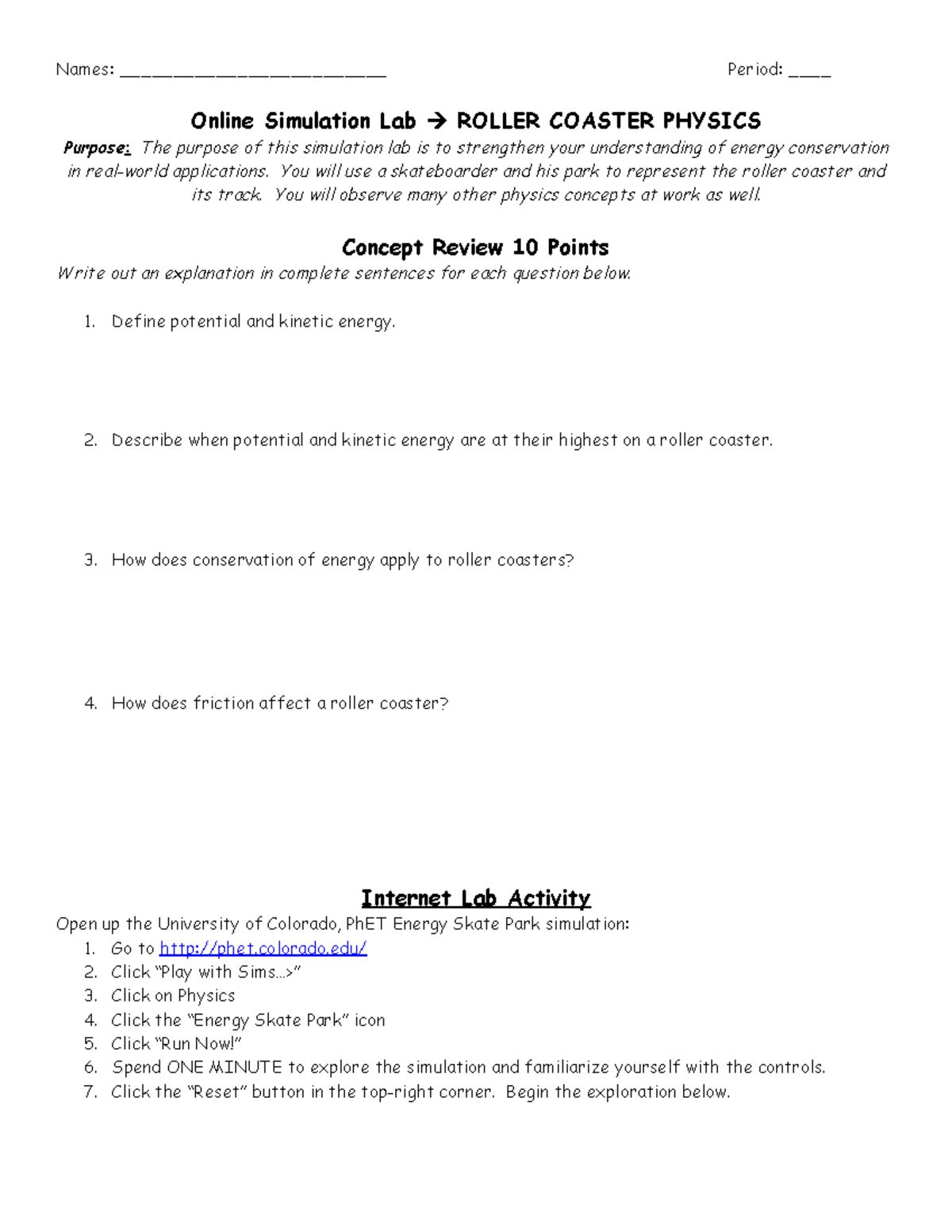 Roller Coaster Simulation - Names: _________________________ Period ...