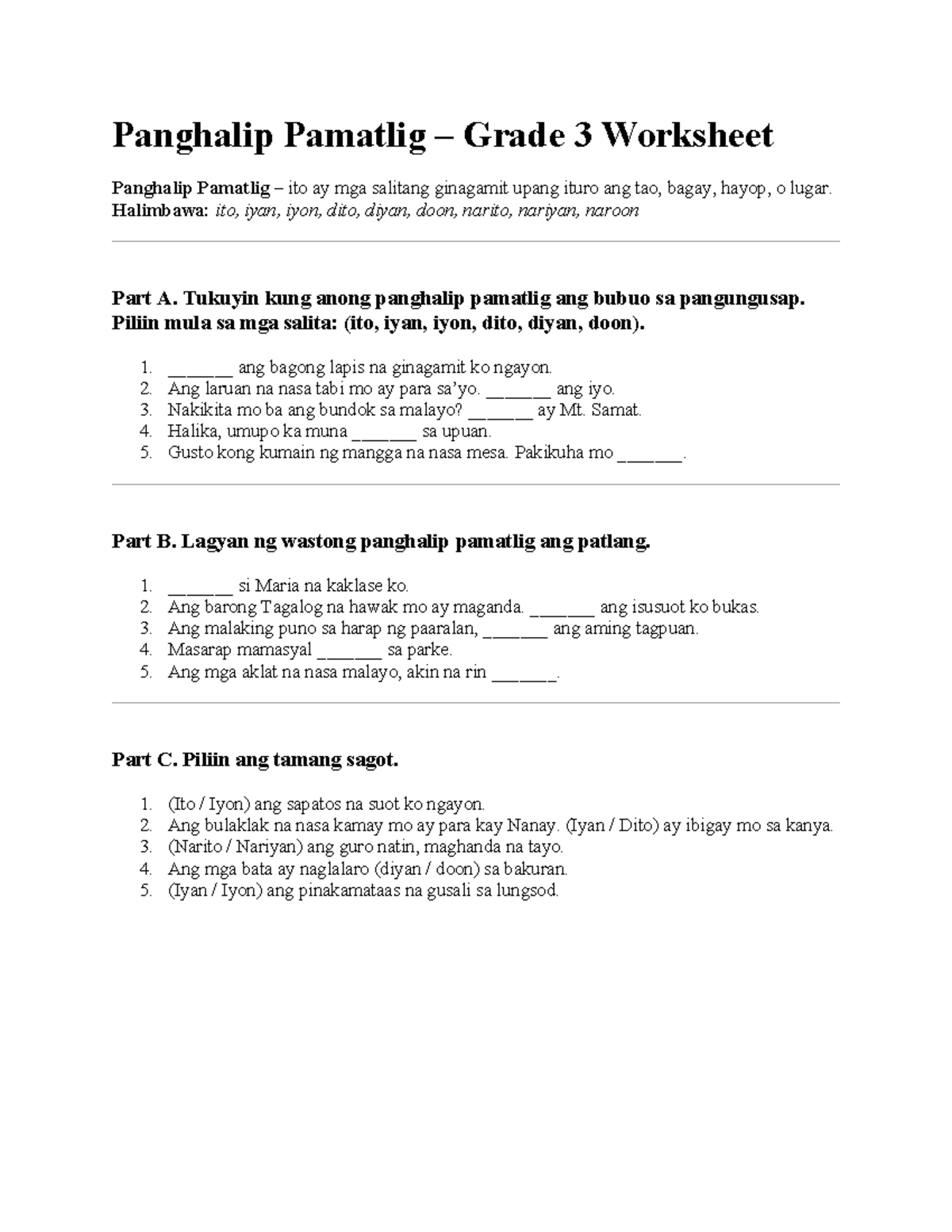 Panghalip Pamatlig Grade 3 Worksheet Reviewer for Periodical Exam - Studocu