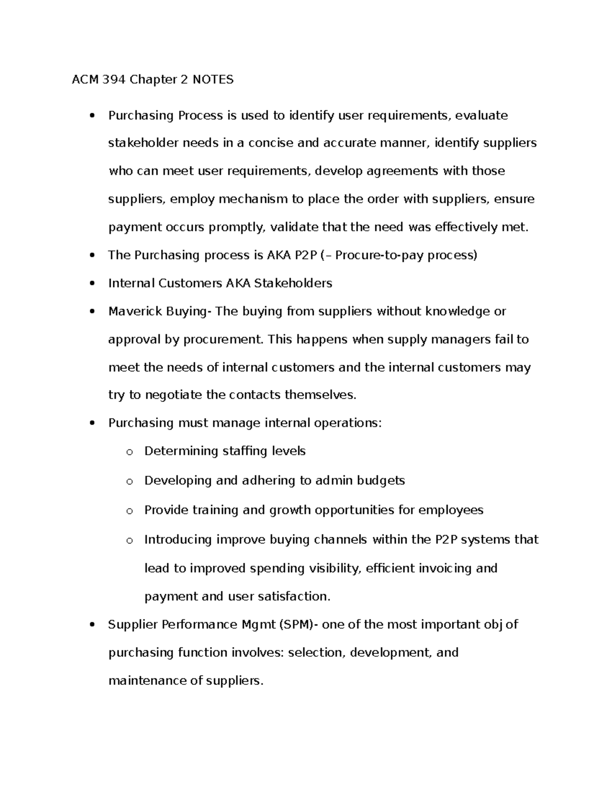 ACM 394 Chapter 2: Purchasing Process and Supplier Management Notes ...