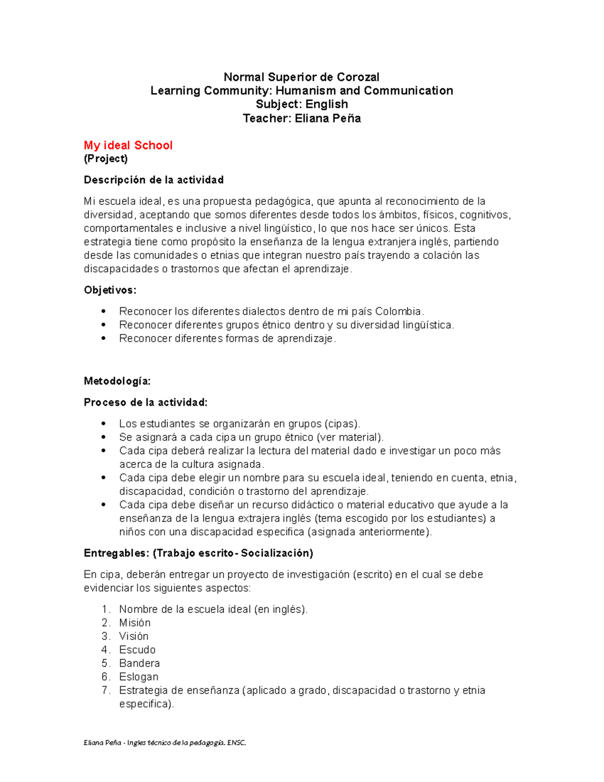 My Ideal School Project: A Pedagogical Proposal for ENSC - Studocu