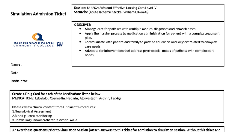 Simulation Admission Ticket: NU 202 - CVA Scenario & Objectives - Studocu