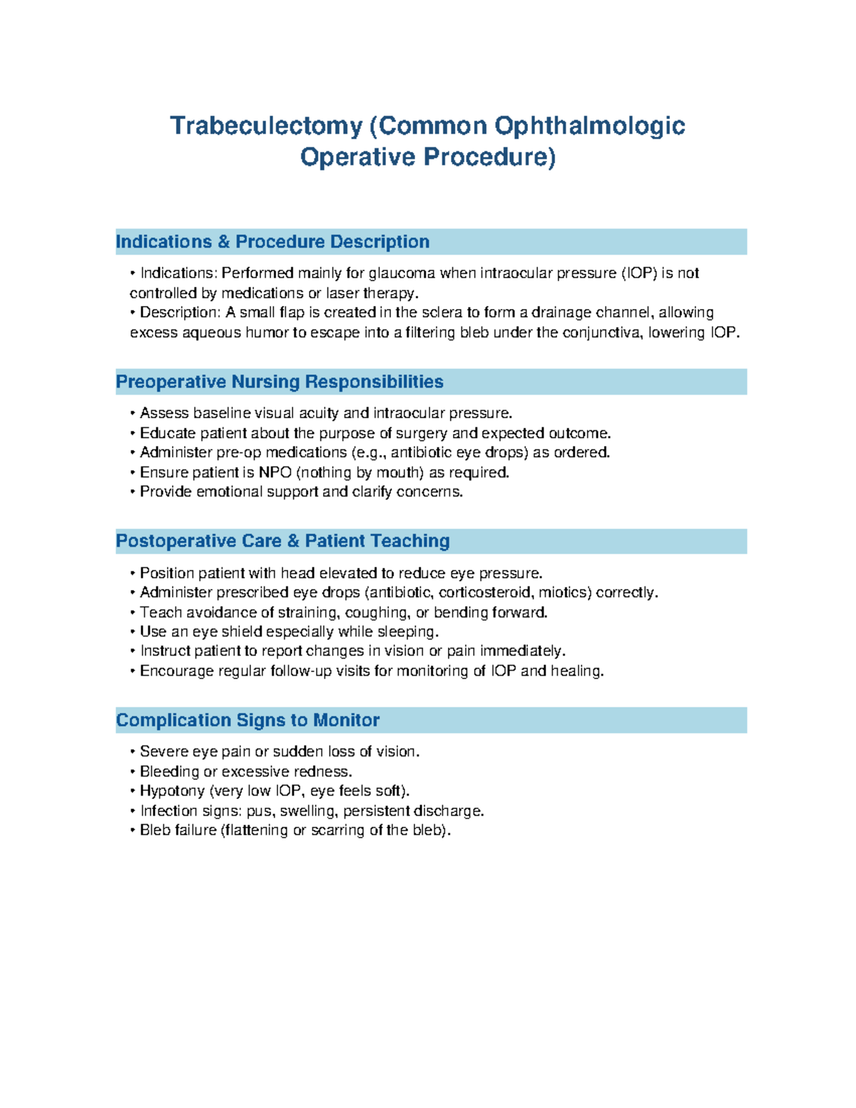 Trabeculectomy (Ophthalmology) Procedure Overview & Patient Care - Studocu