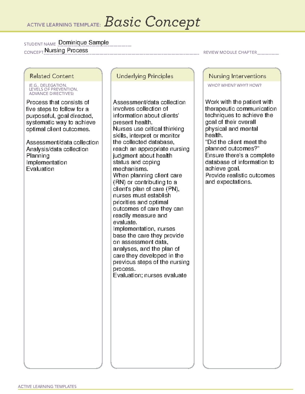 NUR 101: Active Learning Template on Nursing Process Basics - Studocu