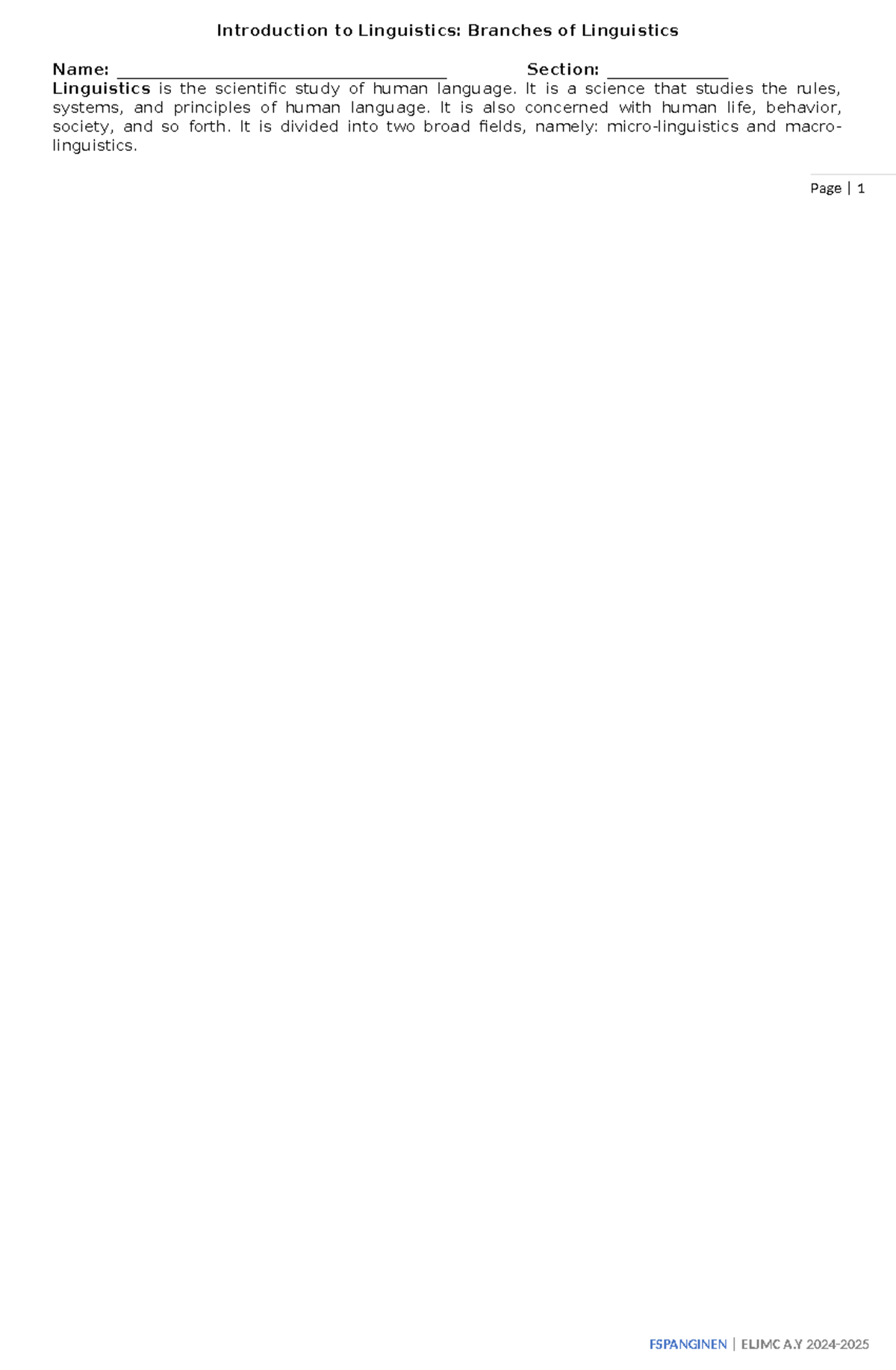 Branches of Linguistics | FSPANGINEN | ELJMC A 2024- - Studocu