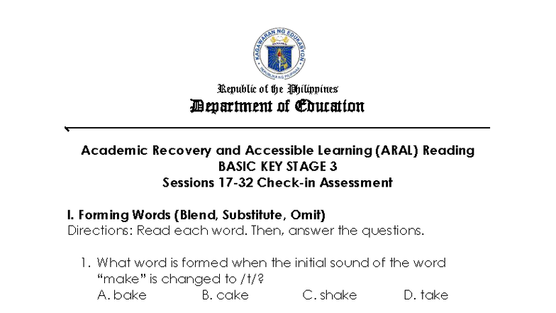Final Assessment: ARAL Reading Basic Key Stage 3 Sessions 17-32 - Studocu