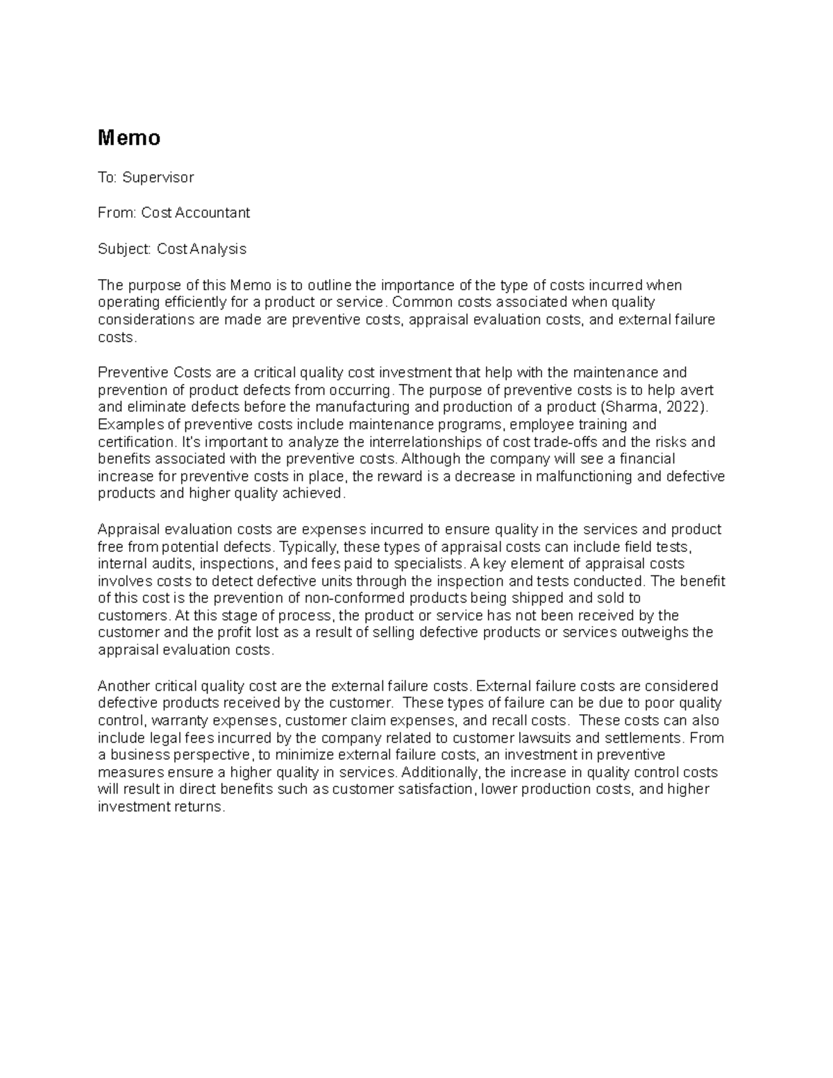 AVM1 - Task 1 - Cost Analysis Memo on Quality Costs - Studocu