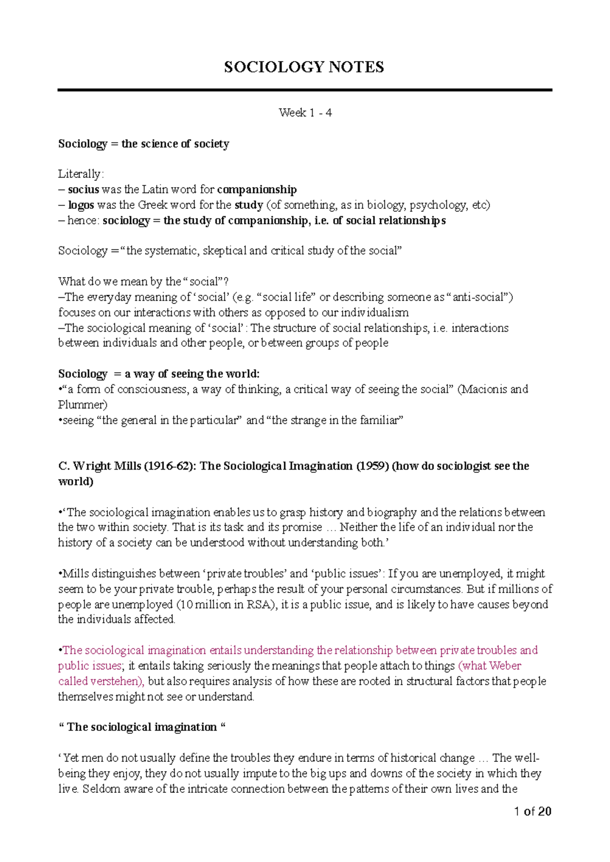 Sociology Notes (WEEK 1-4) 19 - SOCIOLOGY NOTES Week 1 - 4 Sociology ...