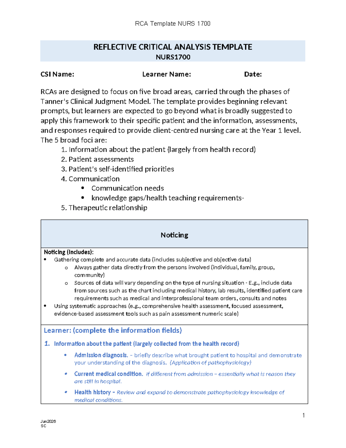 RCA Template for Reflective Critical Analysis - NURS 1700 - Studocu