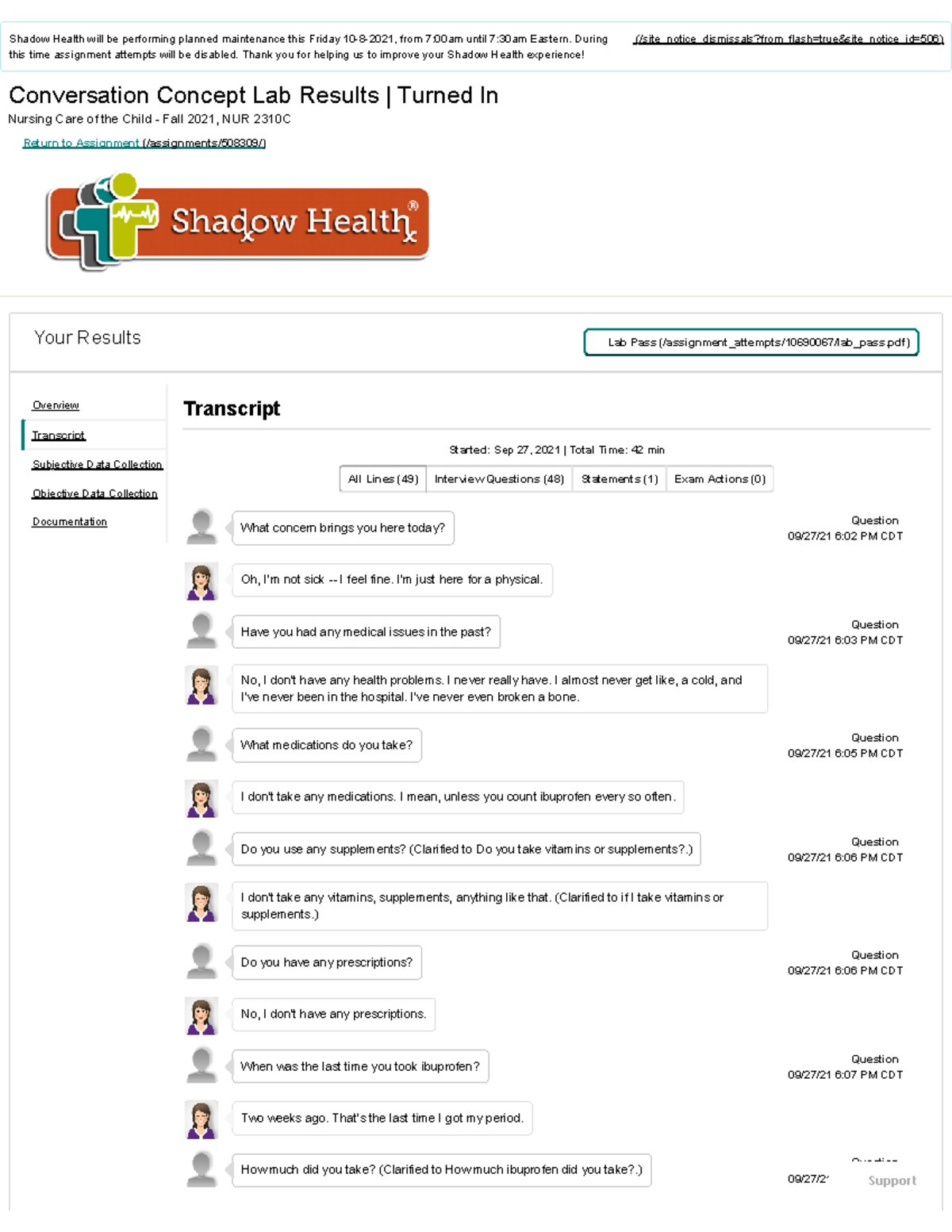 Conversation Concept Lab Transcript Shadow Health - Conversation ...
