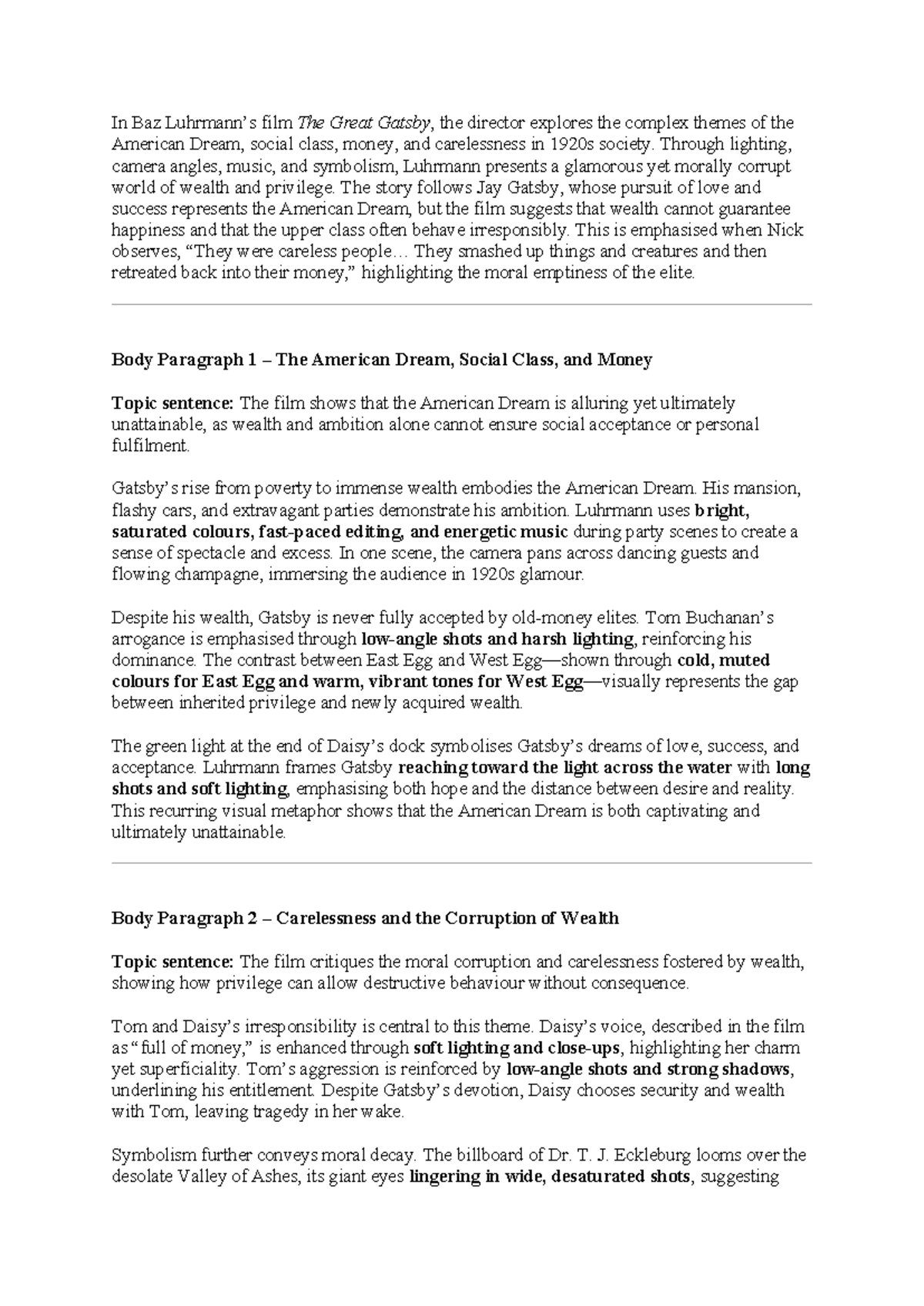 In Baz Luhrmann's The Great Gatsby: Themes of the American Dream - Studocu