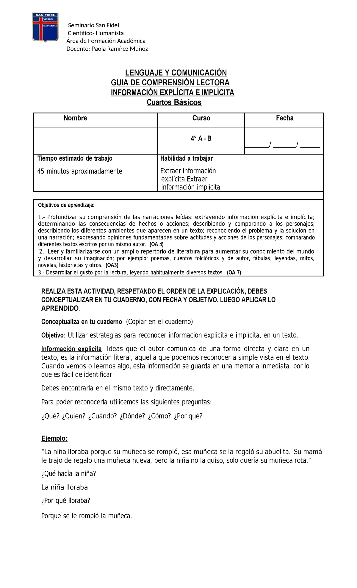 Guía de Comprensión Lectora: Información Explícita e Implícita ...
