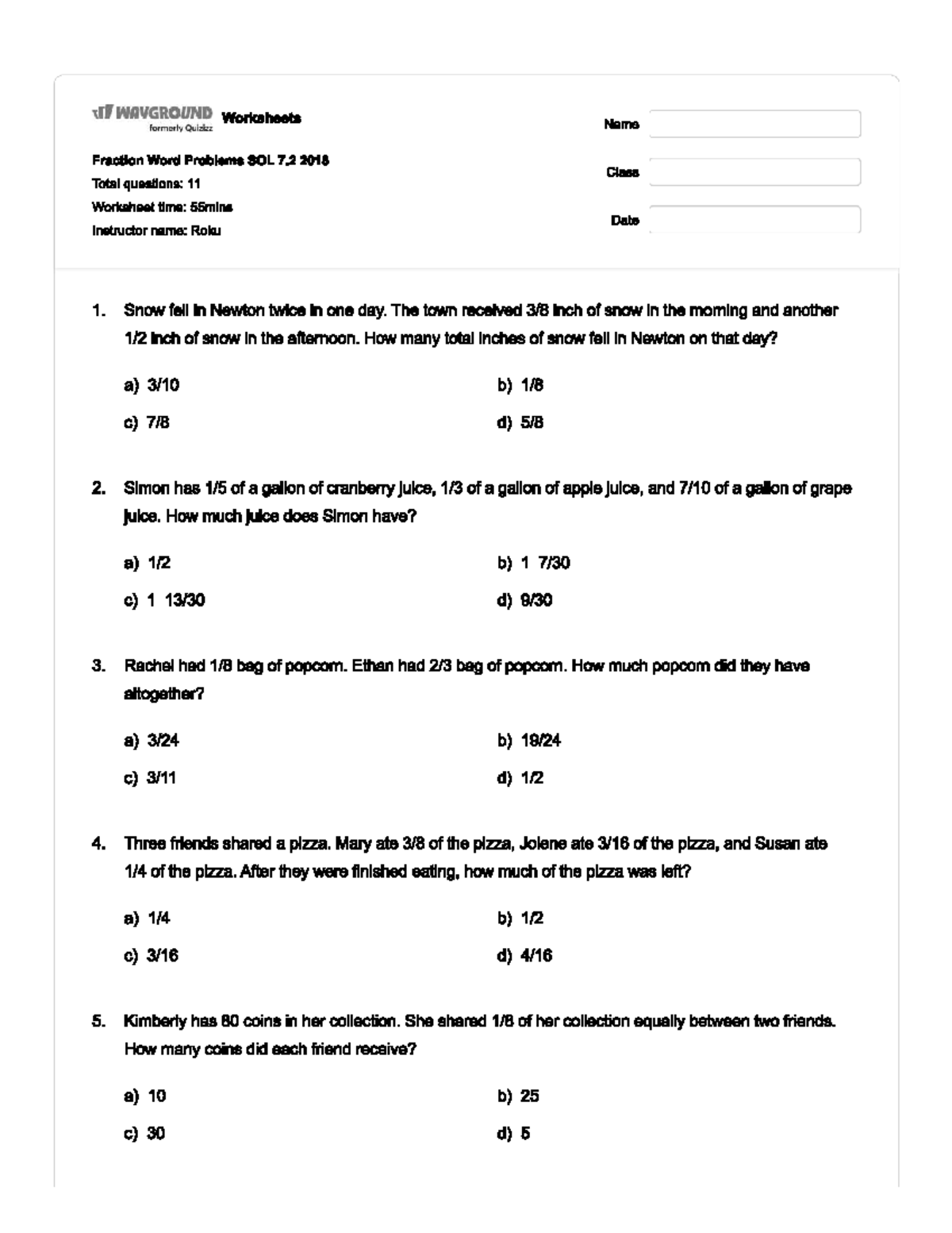 Fraction Word Problems Worksheet SOL 7.2 - 2018 Class - Studocu