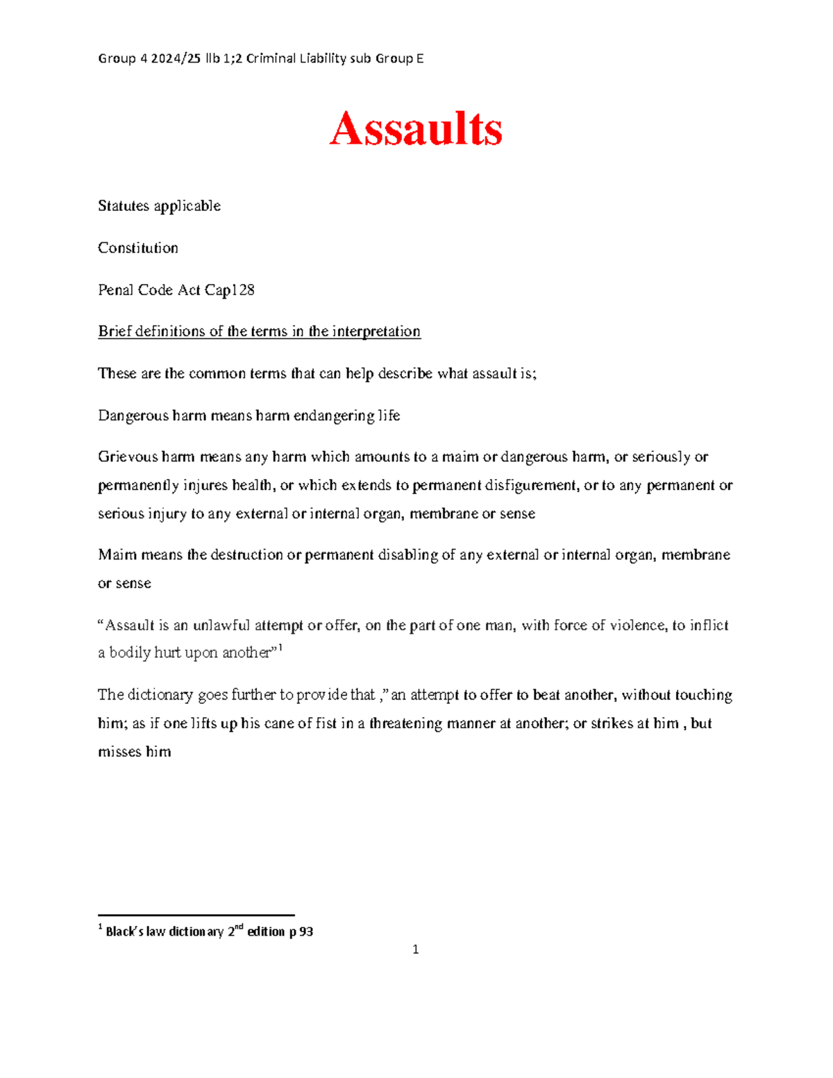 Group 4 LLB Criminal Liability: Assaults and Relevant Statutes - Studocu