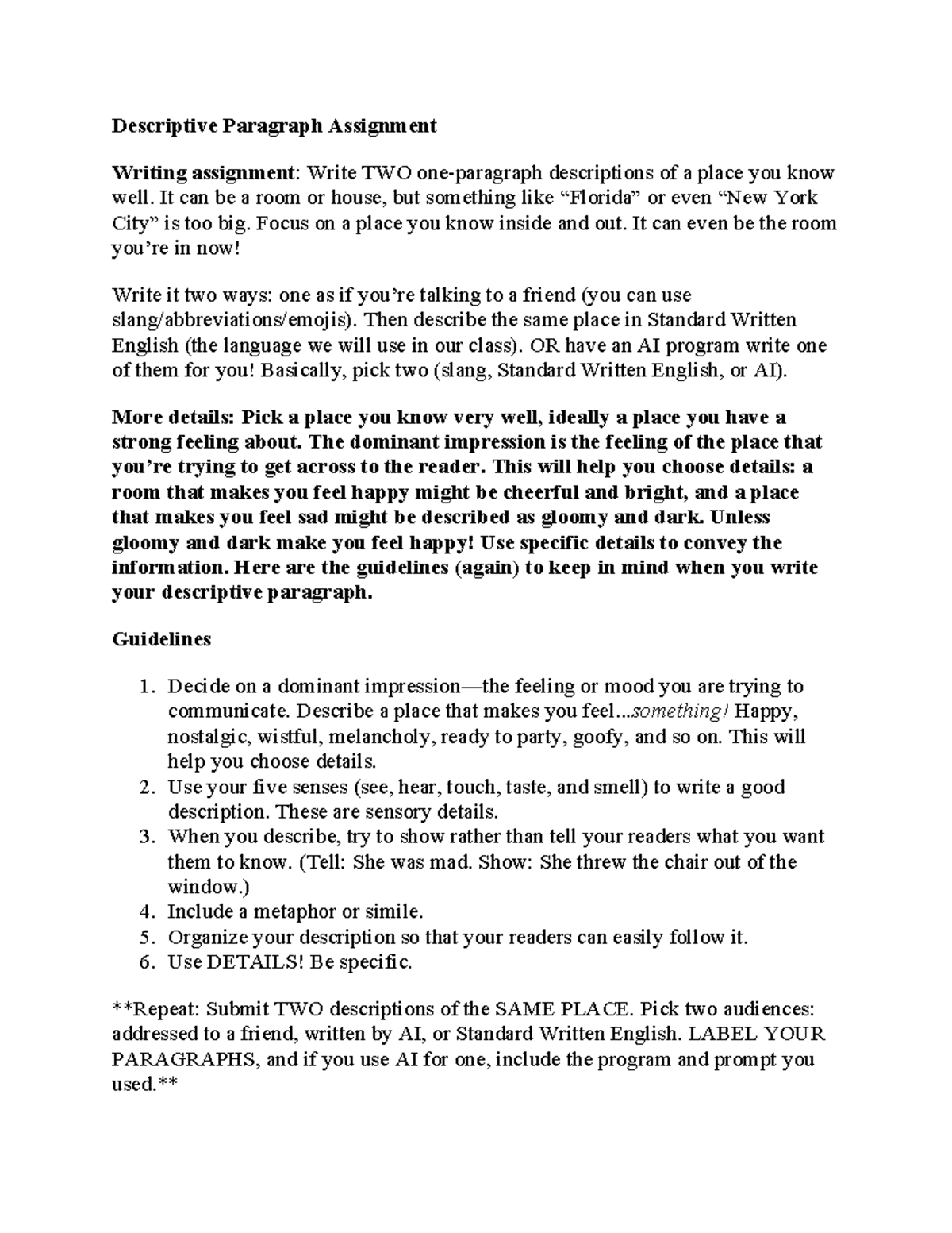 Descriptive Paragraph Assignment: Two Perspectives on a Place - Studocu