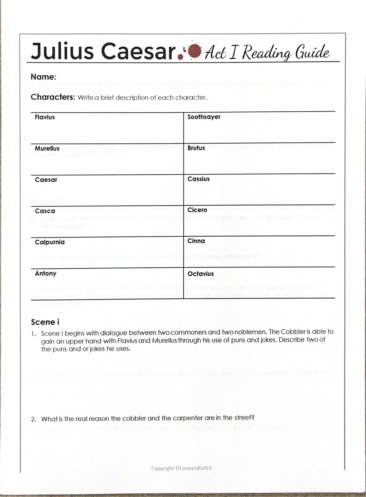Julius Caesar (ENG 101) Act I Reading Guide and Character Analysis ...
