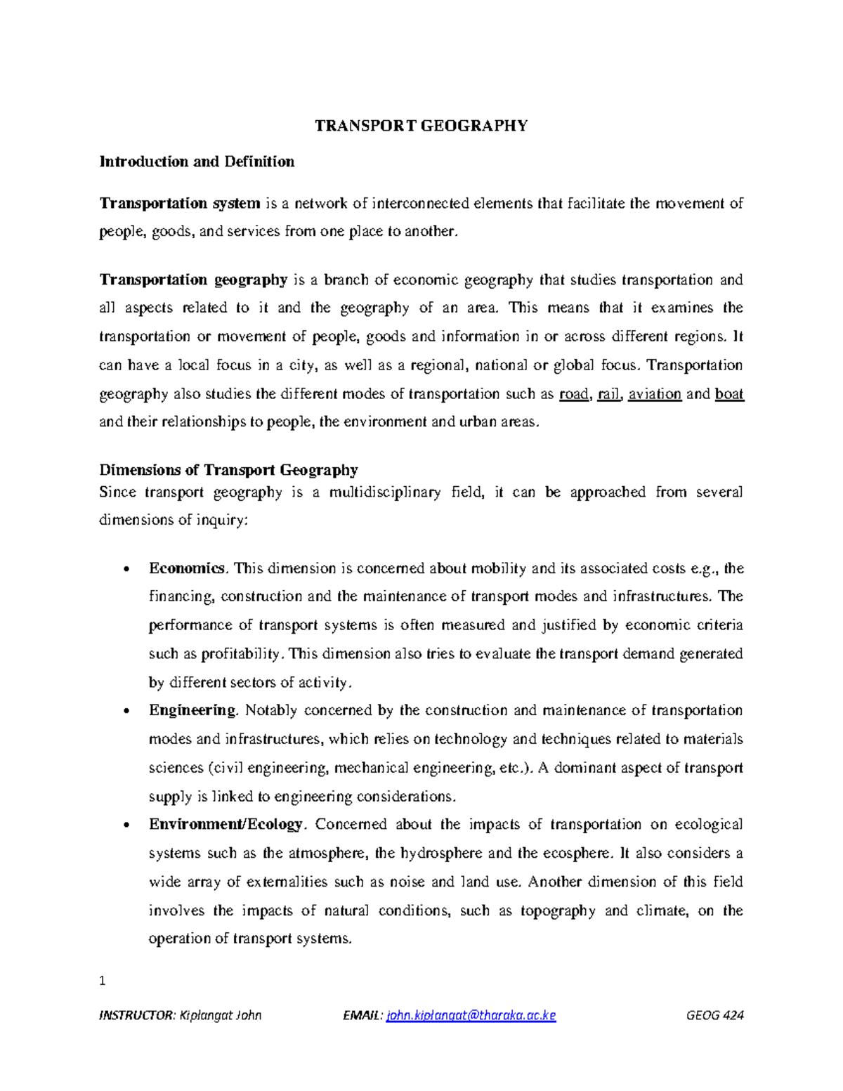 GEOG 424 - Transport Geography Notes - 1 TRANSPORT GEOGRAPHY ...