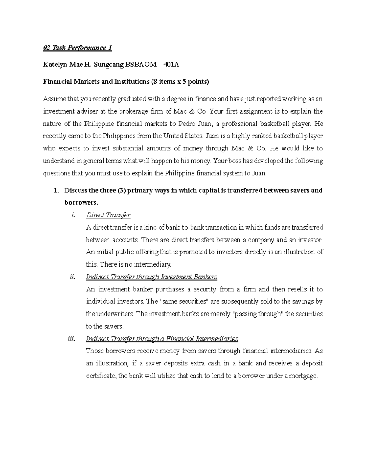 BSBAOM-401A Financial Markets Task Performance 1 Analysis - Studocu