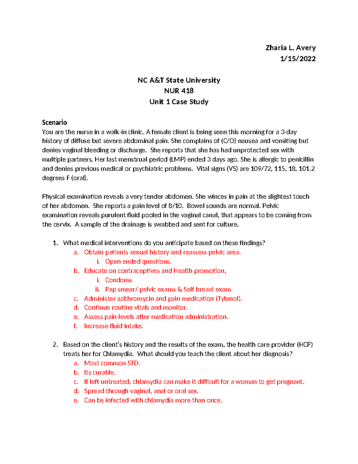 NUR 418 Unit 1 Case Study STI's Final - Zharia L. Avery 1/15/ NC A&T ...