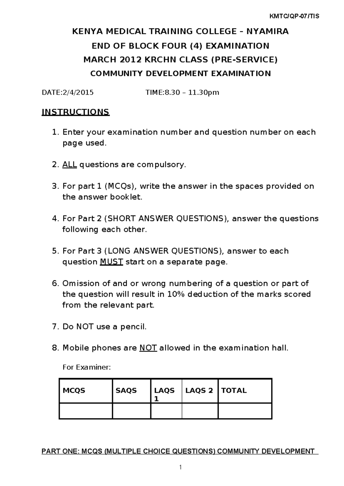 KENYA MEDICAL TRAINING COLLEGE KRCHN CLASS END OF BLOCK 4 EXAM MARCH ...