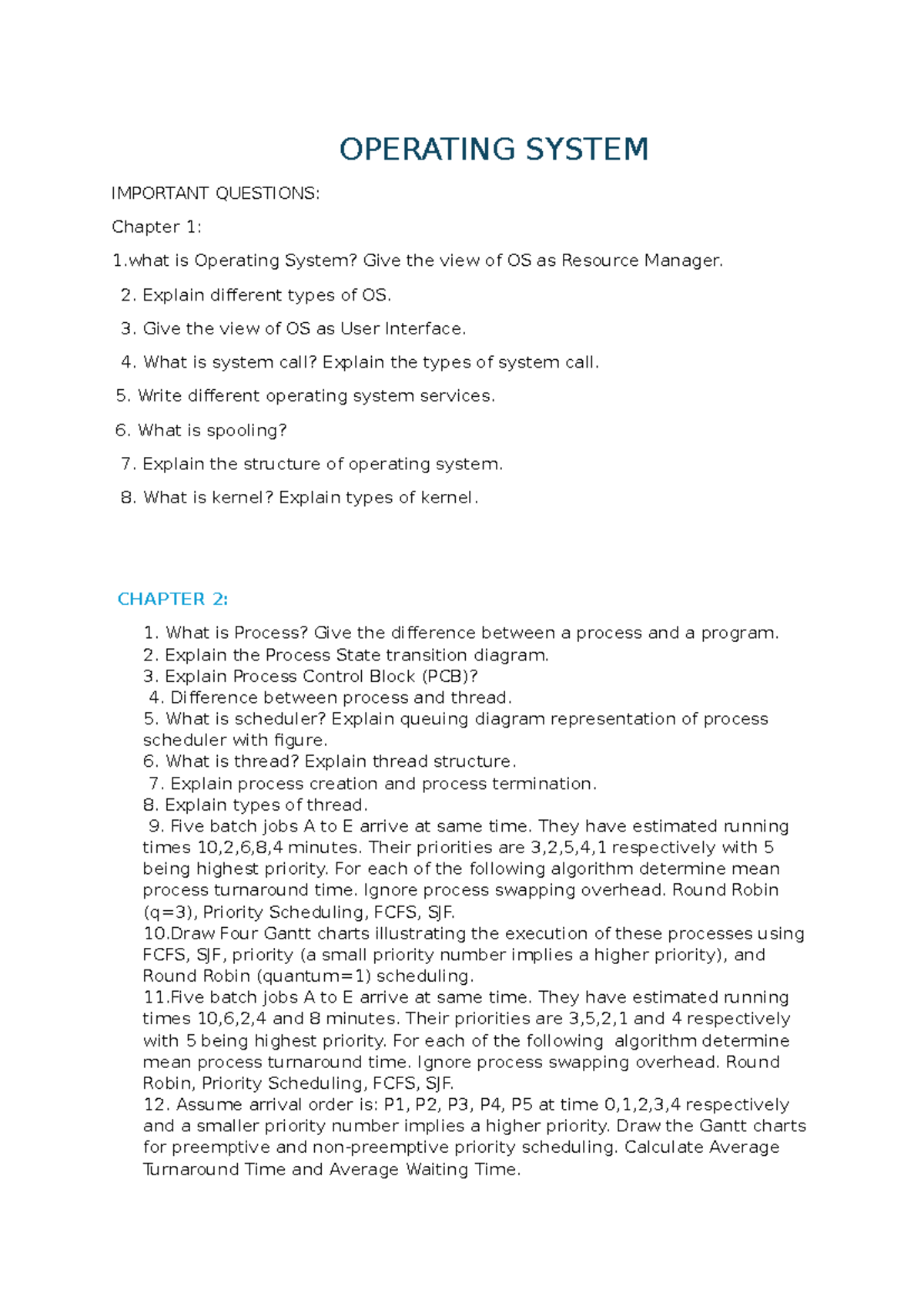 Operating Systems Important Questions: Chapters 1-4 Overview - Studocu