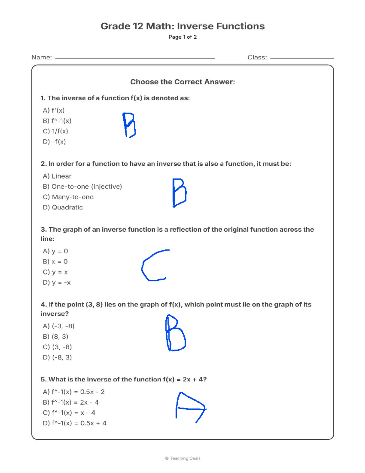Grade 12 Math: Inverse Functions Quiz - Mastery Review - Studocu