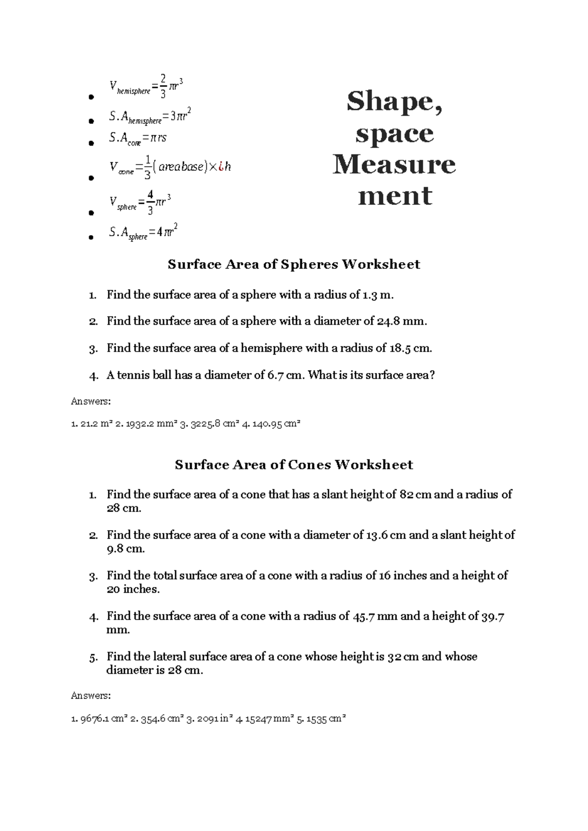 Surface Area and Volume of Spheres, Cones, and Pyramids Worksheet - Studocu
