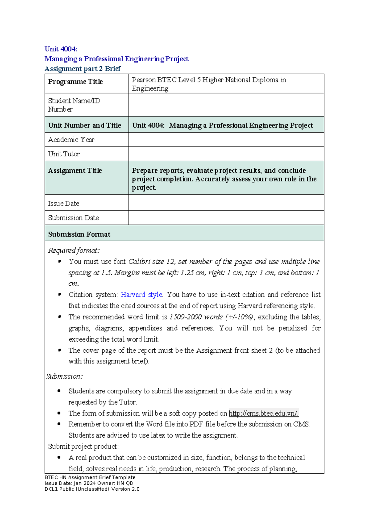 Unit 4004: Managing a Professional Engineering Project - Assignment ...