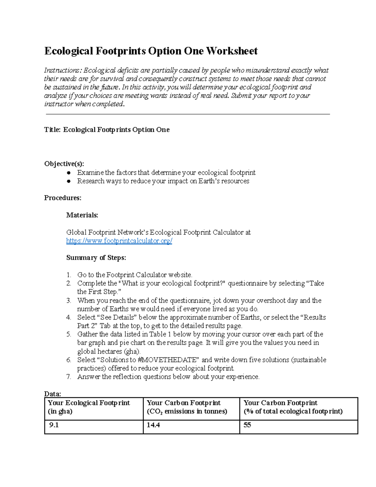 Ecological footprints worksheet option one1 - Ecological Footprints ...