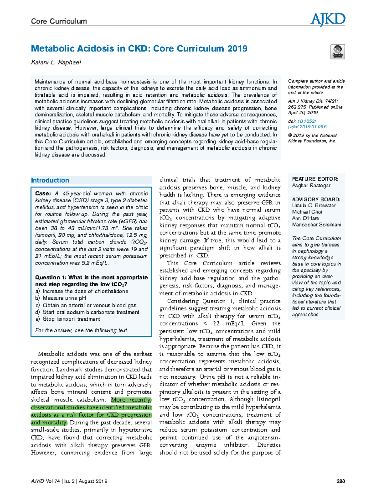 Core Curriculum: Metabolic Acidosis in CKD - AJKD 2019 Insights - Studocu