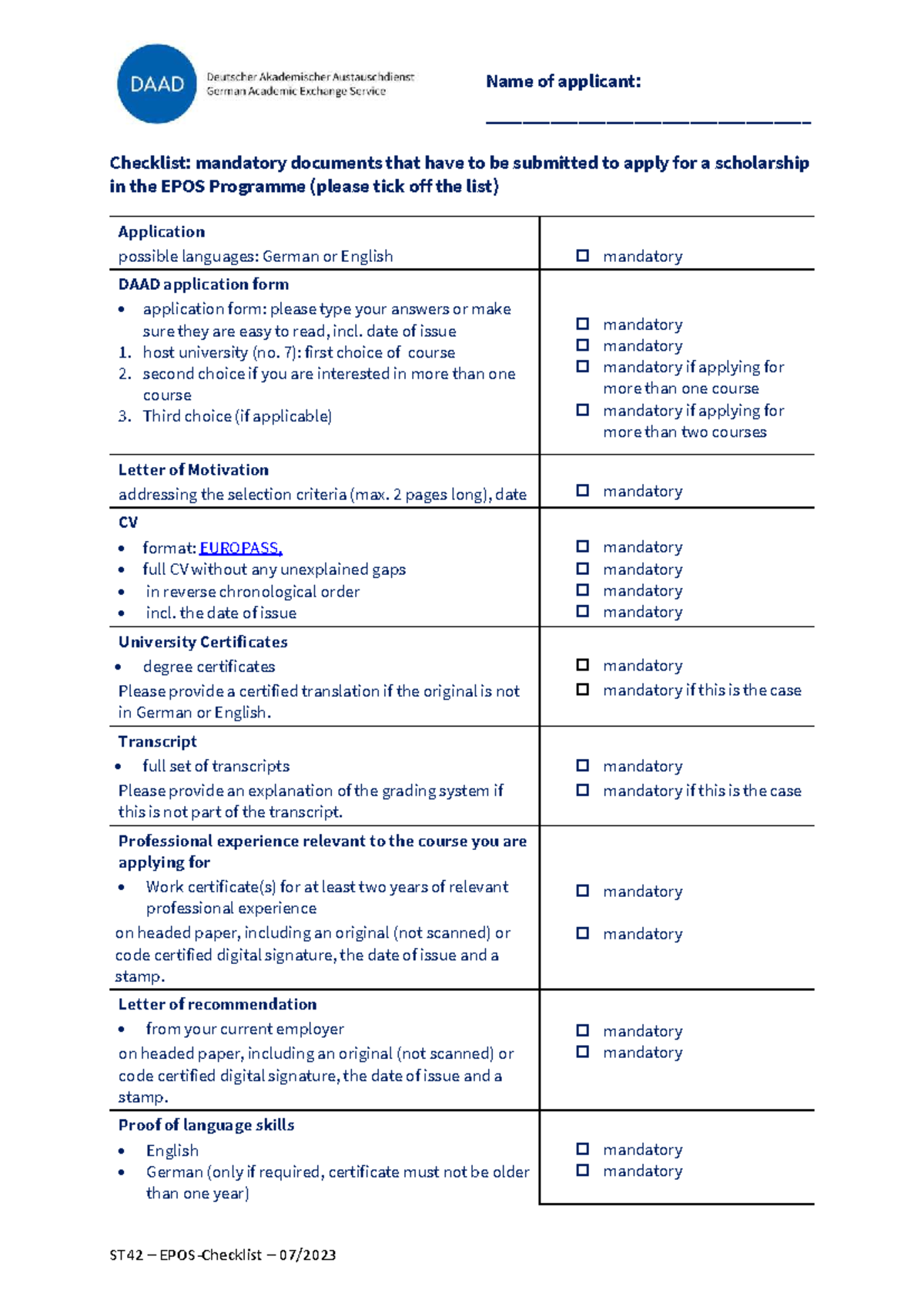 EPOS Programme Scholarship Application Checklist (ST42) - Studocu
