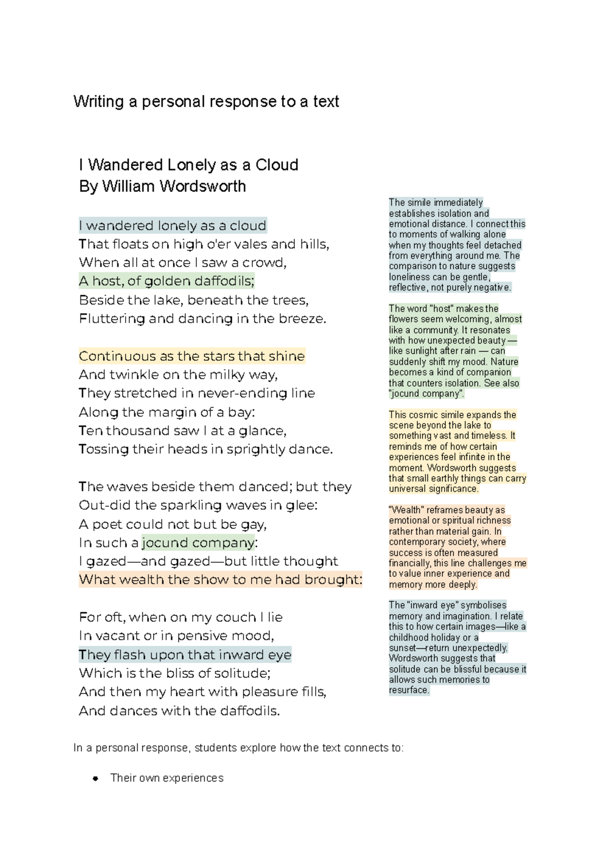 Practice Personal Response Essay 3: I Wandered Lonely as a Cloud by ...