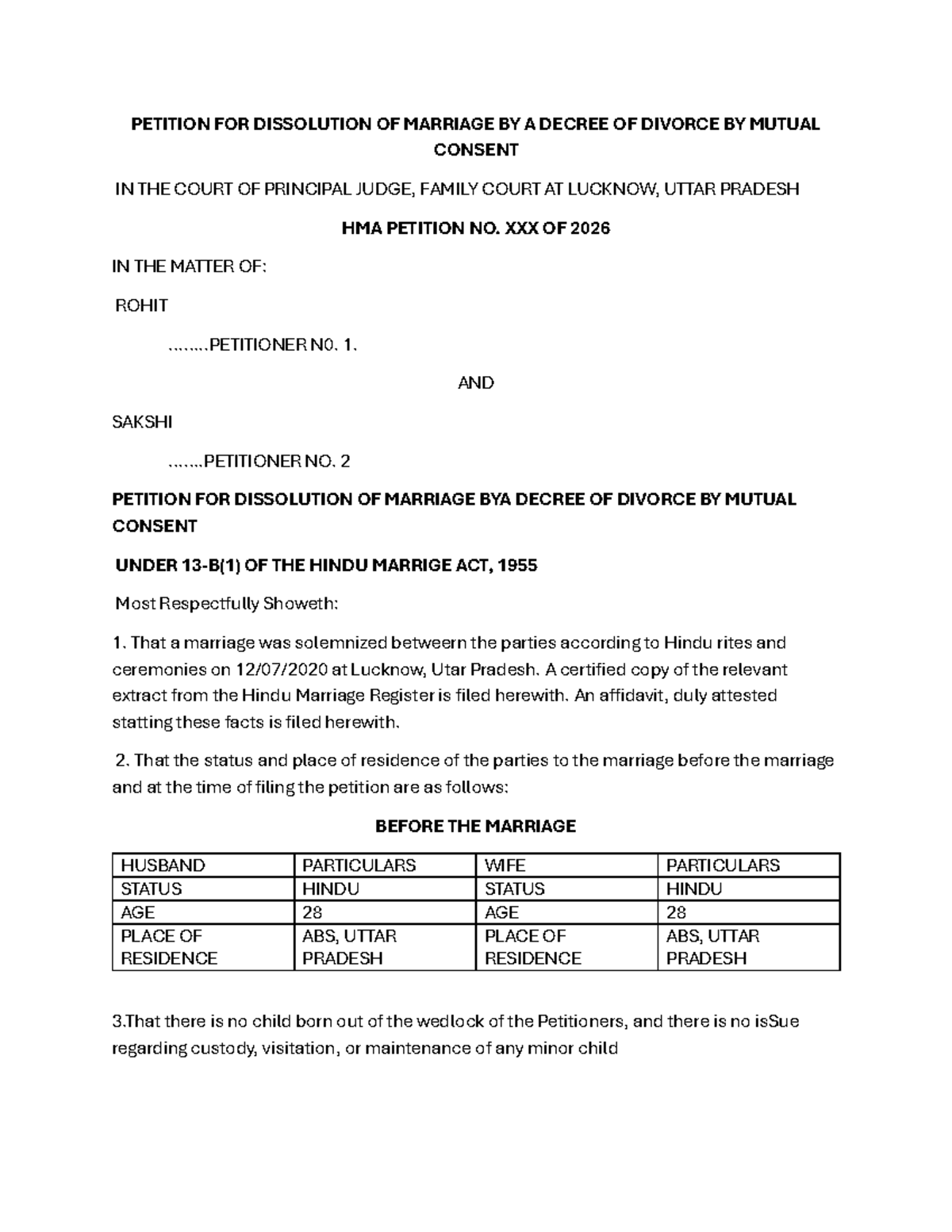 HMA Petition 2026: Mutual Consent Divorce Petition in Lucknow - Studocu