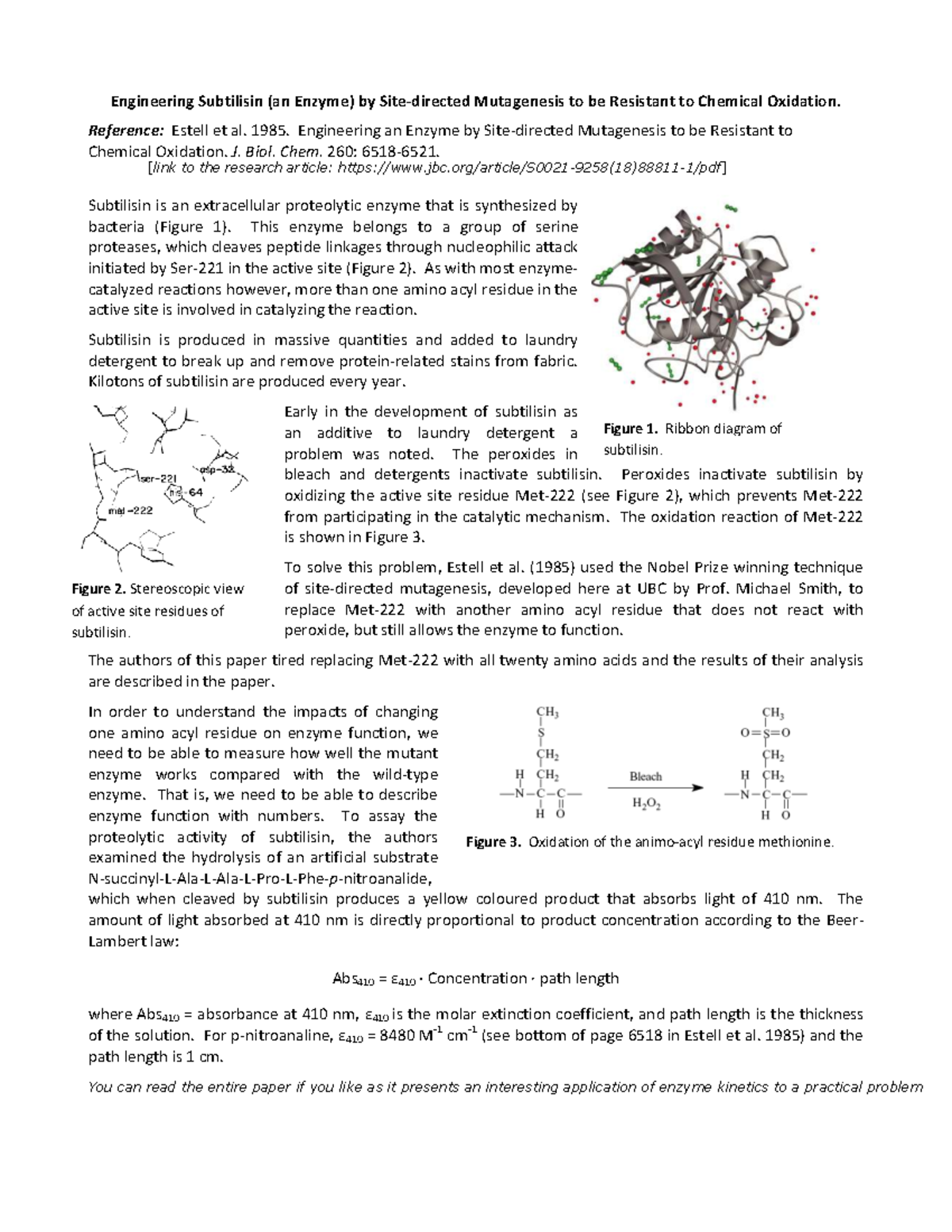 Engineering Subtilisin Mutagenesis for Chemical Oxidation Resistance ...