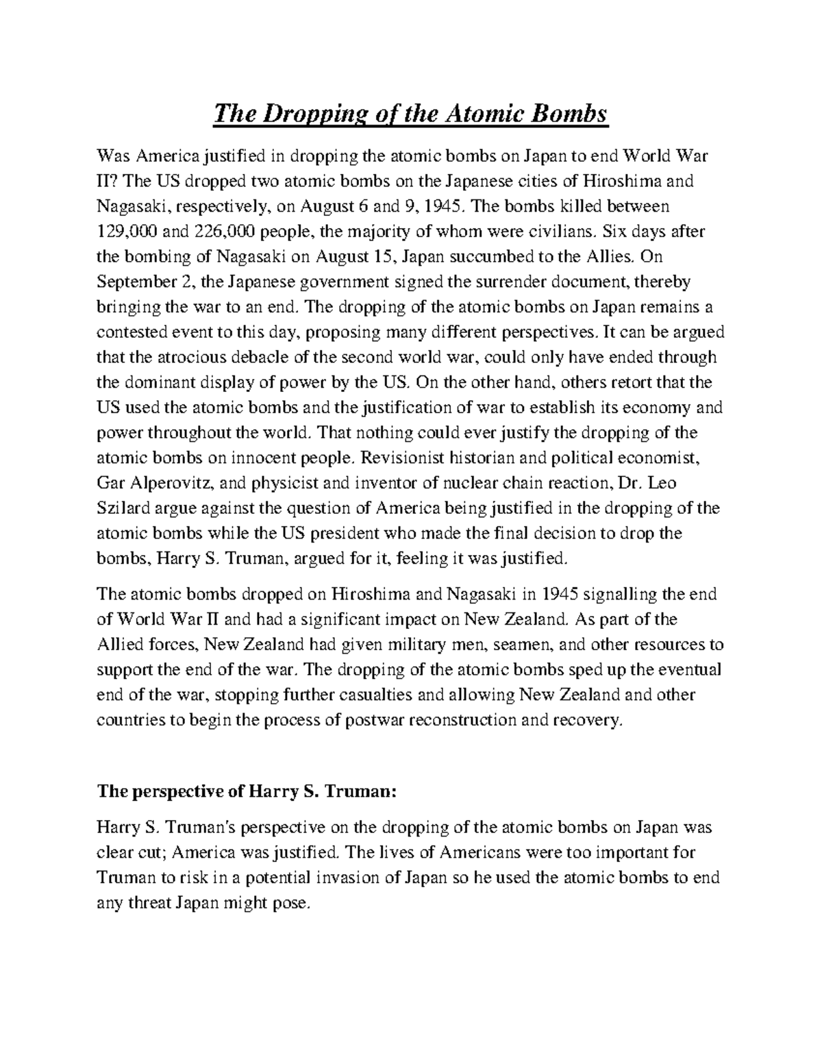Perspectives level 3 - The dropping of the atomic bombs: A critical ...