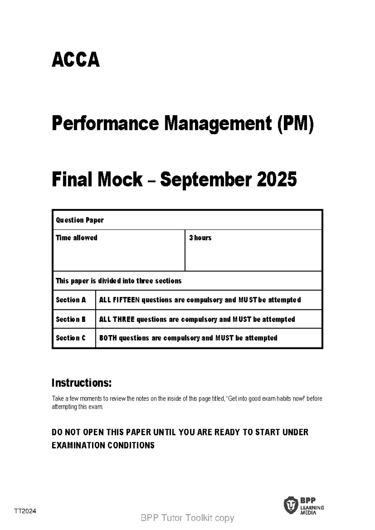 ACCA PM (Performance Management) Final Mock Exam September 2025 ...