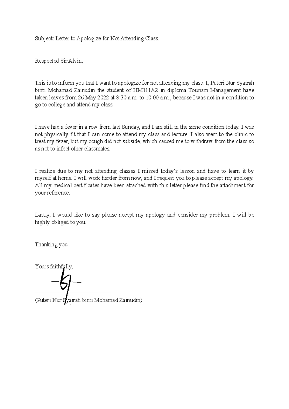 Apologize Letter FOR NOT Attending Class - Subject: Letter to Apologize ...