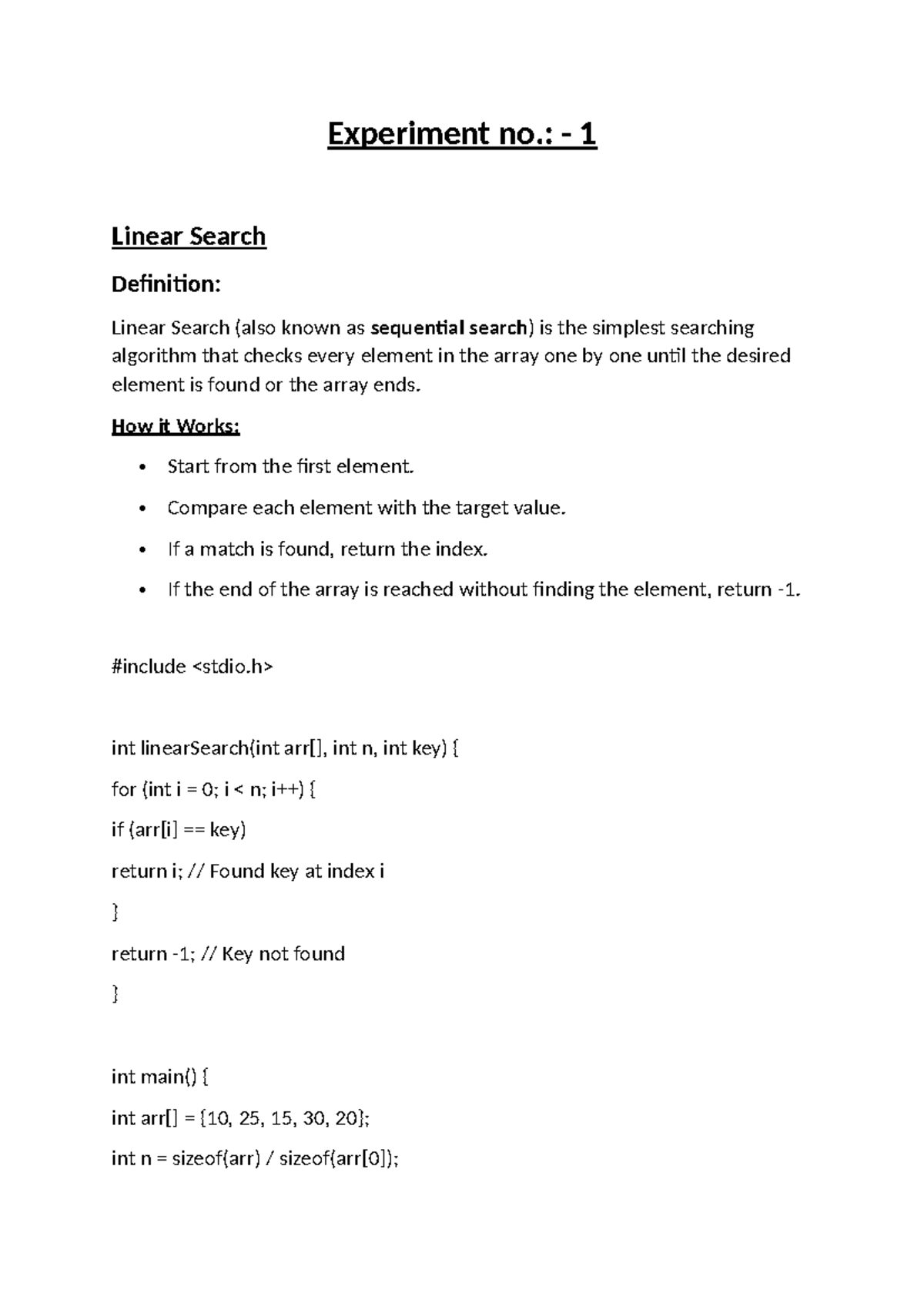 DAA-1: Searching and Sorting Algorithms - Experiments 1 to 5 - Studocu
