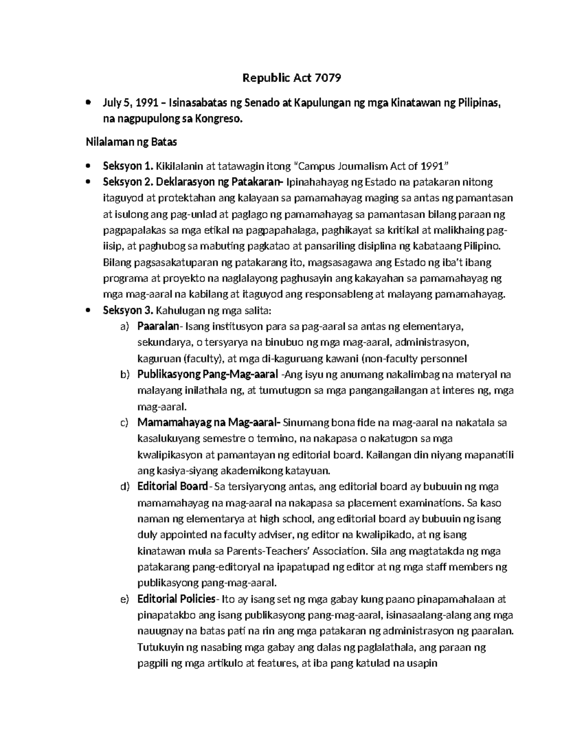 Republic Act 7079: Journalism Act Overview and Provisions - Studocu