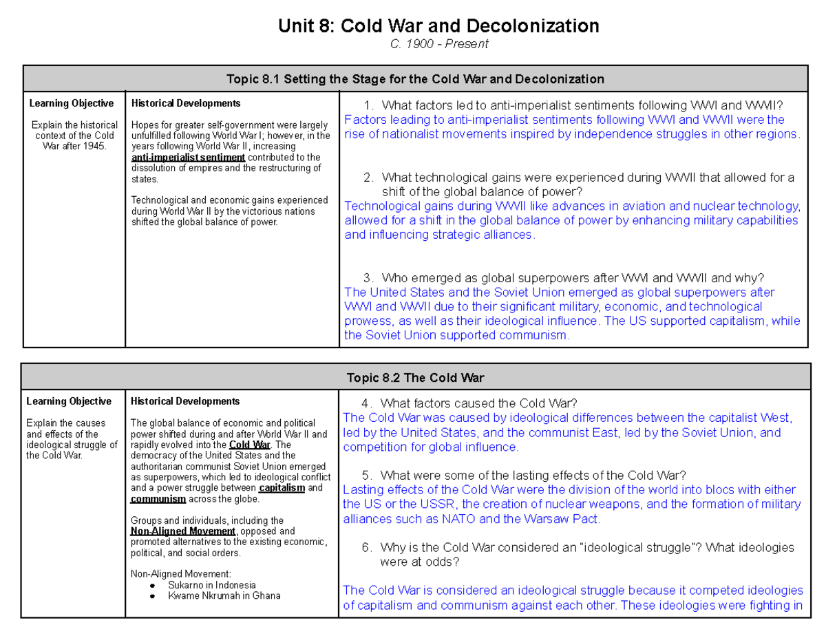 Unit 8 Study Guide: Cold War & Decolonization (1900-Present) - Studocu
